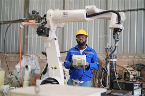 robotics engineer operating robot aided cnc machine in robotics