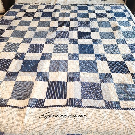 Vintage Blue And White Patchwork Quilt 88x88 Queen Size Cotton Bedspread Shabby Elegance Etsy