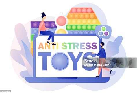 안티 스트레스 장난감 노트북 화면에 텍스트 팝과 간단한 보조개 트렌디 한 안절부절 감각 작은 사람들은 푸시 거품과 손 화려한 장난감을 재생합니다 현대 플랫 만화 스타일 벡터