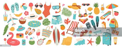 아이콘과 스티커가 있는 여름의 만화 세트입니다 휴가 해변 휴가 주말 및 여름 시간 개념에 대한 컬렉션 플랫 요소 손으로 그린 현대 아이템 카드 간판 스크랩북 인쇄 개념에