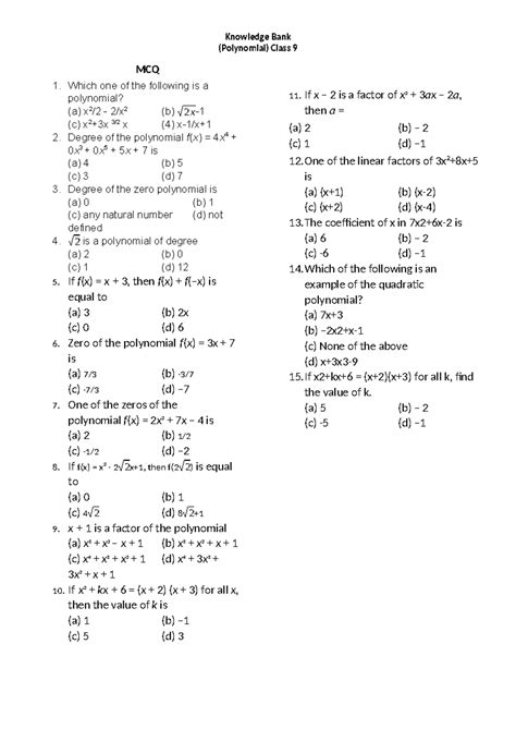 Polynomial Worksheet Knowledge Bank Polynomial Class 9 Mcq Which