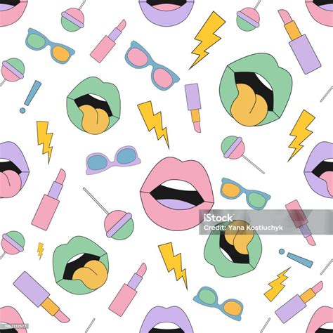 벡터 완벽 한 패턴은 복고풍 입술 혀 립스틱입니다 디자인과 인쇄를 위한 벡터 그림 롤리팝에 대한 스톡 벡터 아트 및 기타 이미지 롤리팝 립스틱 만화 Istock