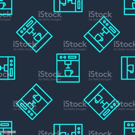 녹색 라인 커피 기계 아이콘 파란색 배경에 원활한 패턴을 격리 벡터 일러스트레이션 가정 생활에 대한 스톡 벡터 아트 및 기타 이미지 가정 생활 가정 주방 가정의 방