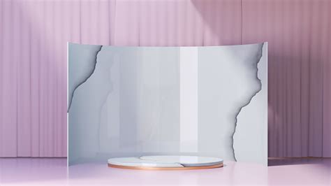 3d 렌더링 배경 흰색 대리석 골드 실린더 무대 연단과 대리석 배경 디스플레이 제품과 라이트 핑크 커튼 월 프레젠테이션을 위한