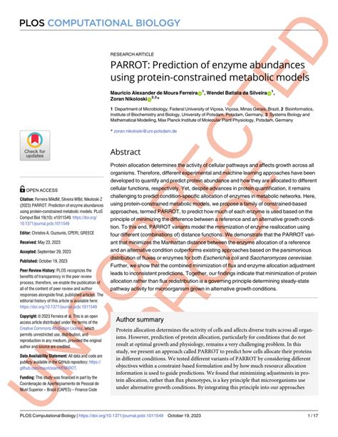 Pdf Parrot Prediction Of Enzyme Abundances Using Protein Constrained