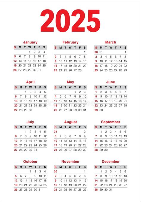 2025 Year Calendar Vector Design Template Stock Vector Illustration