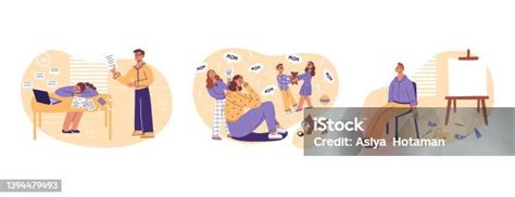 번아웃 개념 피곤하고 좌절 한 사람들 지친 사무원 우울한 엄마 모성의 문제 불쾌감이없는 예술가 창의력 위기 직장에서의 피로의