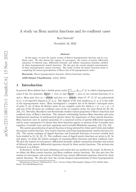 Pdf A Study On Horn Matrix Functions And Its Confluent Cases