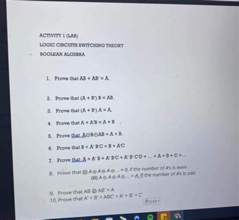 Solved Activity 1 Lab Logic Circuits Switching Theory