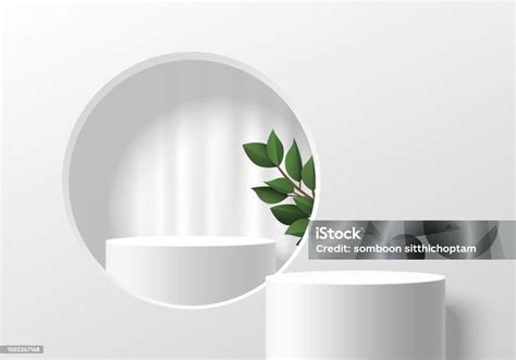 현실적인 3d 흰색 실린더 받침대 연단 배경에는 원형 창과 녹색 잎에 연단이 있습니다 벽 최소 장면 모형 제품 무대 진열장 화장품 프로모션 디스플레이 3d 추상 플랫폼