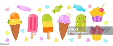 아이스크림 만화 세트 머핀 롤리팝 콘 바닐라 과일 카와이이 여름 다채로운 달콤한 벡터 가지 식물 부위에 대한 스톡 벡터 아트 및