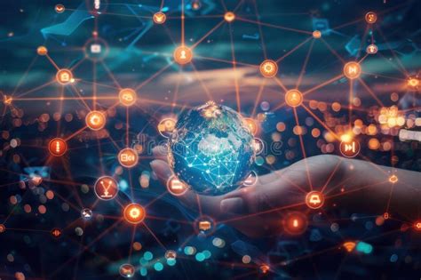 A Hand Holding A Glowing Globe Connected To A Network Of Icons Stock Illustration Illustration