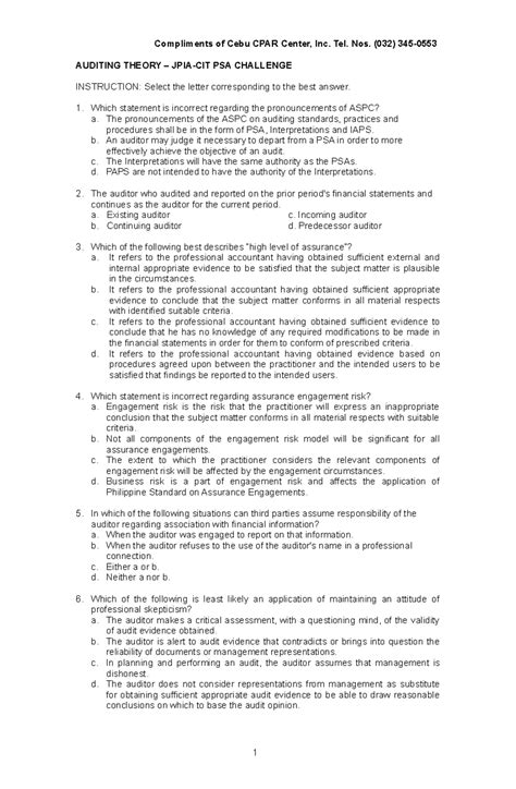 Auditing Theory Challenge BS In Accountancy University Of The Philippines Studocu