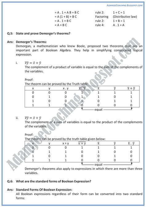 Adamjee Coaching Boolean Algebra Descriptive Question Answers Computer IX
