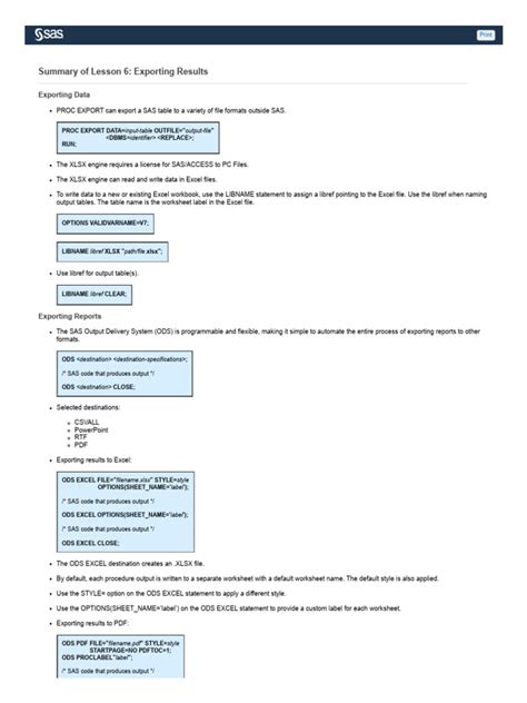 Epg1v2 Summary Of Lesson 6 Exporting Results Pdf Microsoft Excel Sas Software