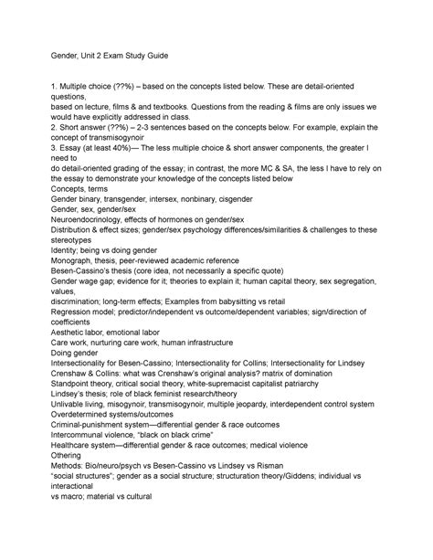 Gender Unit Exam Study Guide Gender Unit Exam Study Guide Multiple Choice Based