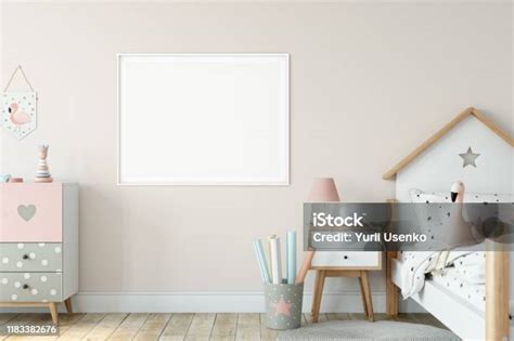 거실에서 프레임 및 포스터 조롱 스칸디나비아 인테리어 3d 렌더링 3d 일러스트레이션 아기방에 대한 스톡 사진 및 기타 이미지