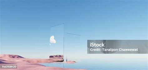 초현실적 인 아름 다운 꿈의 땅 배경입니다 기하학적 아치가 있는 겨울 시즌 풍경의 추상 모래 언덕 물과 자연 흐린 하늘이 있는 환상의 섬 풍경 금속 거울 아치3d 렌더링