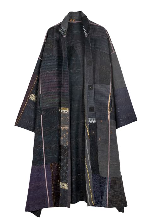 Cotton Silk Sw Patch Kantha Oversized Coat Ws4326 Blk Mieko Mintz