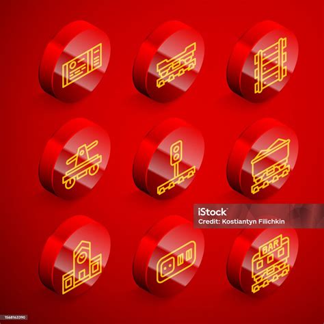 라인 기차표 화물 열차 마차 철도 철도 트랙 Draisine 또는 핸드카 신호등 석탄 역 및 전기 콘센트 아이콘을 설정합니다 벡터 3차원 형태에 대한 스톡 벡터 아트 및