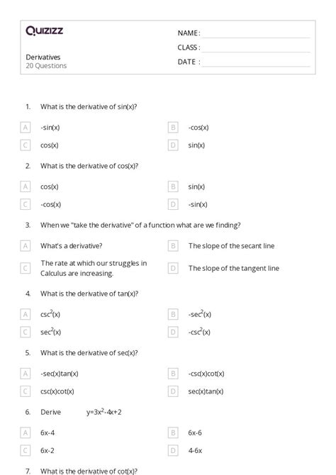 Derivatives Worksheets On Quizizz Free Printable