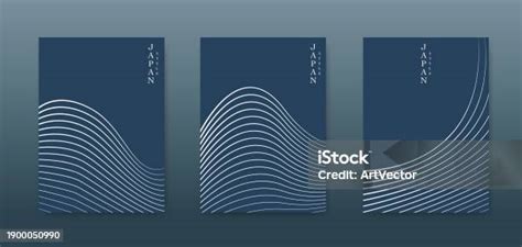 일본 풍경 배경 세트 카드 화이트 라인 웨이브 패턴 벡터 일러스트 레이 션 블루 럭셔리 추상 템플릿 기하학적 물결 모양 텍스처입니다 동양 스타일의 산 레이아웃 디자인 수직