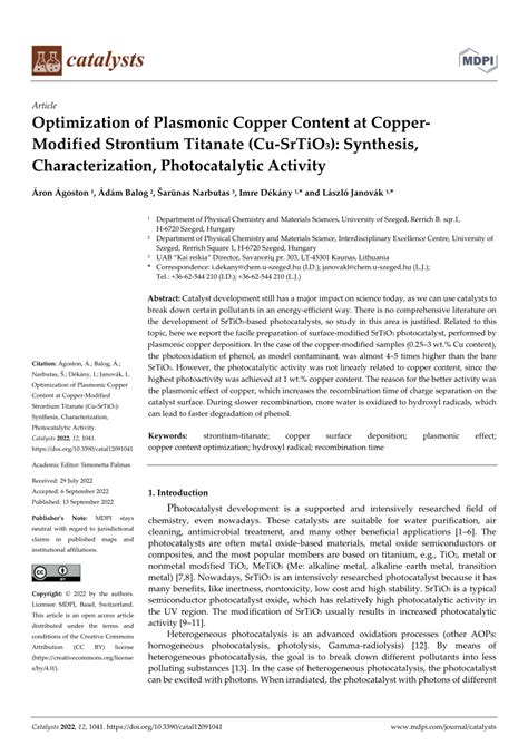 Pdf Optimization Of Plasmonic Copper Content At Copper Modified Strontium Titanate Cu Srtio3