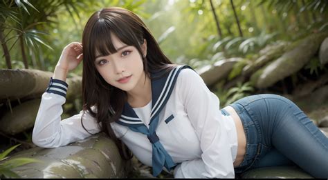 Arafed Asian Woman In A Sailor Suit Laying On A Rock Seaart Ai