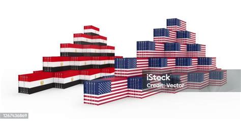 이집트와 미국 플래그와 그룹화물 컨테이너의 3d 그림 흰색으로 격리됩니다 경제에 대한 스톡 사진 및 기타 이미지 경제 금속
