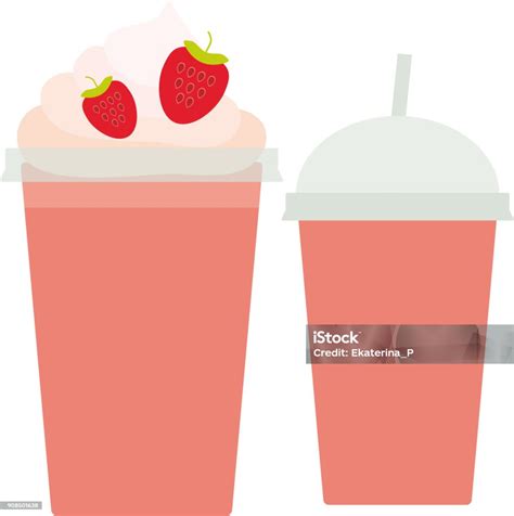 테이크 아웃 딸기 스무디 짚과 휘 핑 크림으로 투명 플라스틱 컵 흰색 배경에 고립 벡터 0명에 대한 스톡 벡터 아트 및 기타 이미지 0명 거품 내기 건강한 생활방식