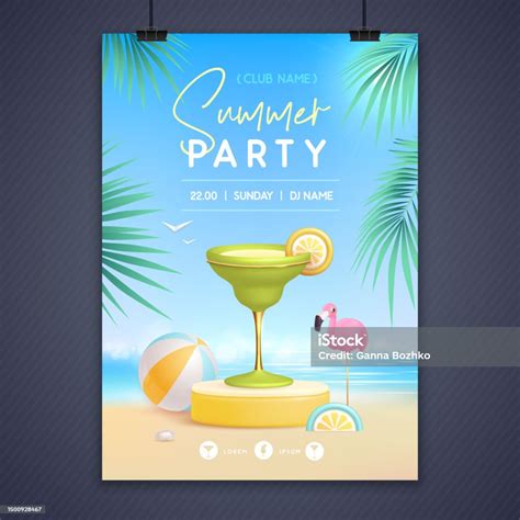 3d 무대와 마가리타 칵테일이 있는 여름 디스코 파티 포스터 화려한 여름 해변 장면입니다 벡터 그림 해변에 대한 스톡 벡터 아트