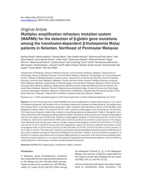 Pdf Multiplex Amplification Refractory Mutation System Marms For The Detection Of β Globin