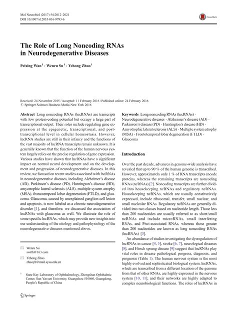Pdf The Role Of Long Noncoding Rnas In Neurodegenerative Diseases
