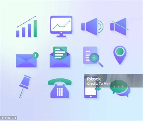 현실적인 아이콘 세트입니다 차트 컴퓨터 마이크 음소거 및 음소거 해제 아이콘 세트 우편 봉투 검색 정보 위치 핀 전화 휴대폰 잡담 얘기 메센게 매스컴에 대한 스톡 벡터 아트