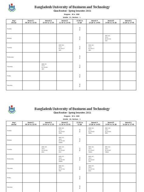 Bangladesh University Of Business And Technology Class Routine Spring Semester 2021