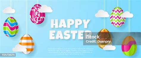 행복 한 부활절 배너 템플릿입니다 인사말 카드 종이 컷 스타일 부활제에 대한 스톡 벡터 아트 및 기타 이미지 부활제 4월