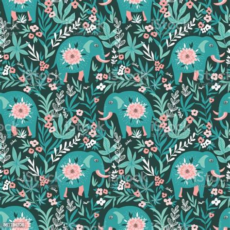 벡터는 정글에서 코끼리와 함께 완벽 한 패턴입니다 직물이 나 벽지 Boho 디자인에 대 한 열 대 배경입니다 코끼리에 대한 스톡 벡터 아트 및 기타 이미지 Istock
