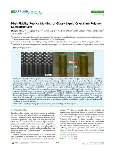 Pdf High Fidelity Replica Molding Of Glassy Liquid Crystalline Polymer Microstructures