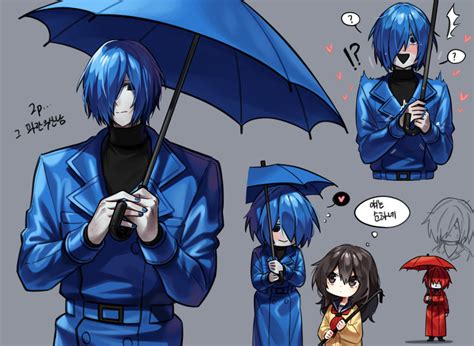 Safebooru 1girl 2boys Adashino Adami Alternate Color Black Hair Blue