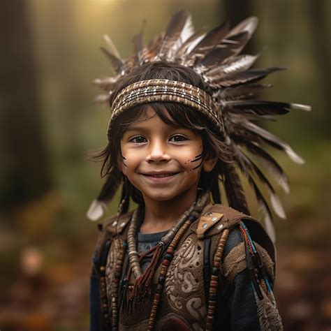 Premium Ai Image Smiling Young Boy Wearing American Native Warbonnet