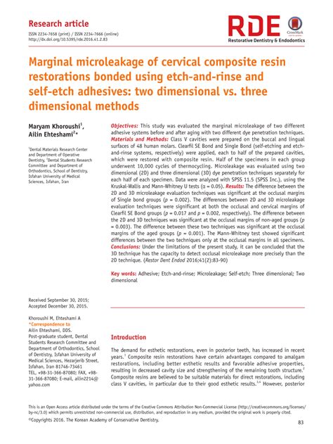 Pdf Marginal Microleakage Of Cervical Composite Resin Restorations Bonded Using Etch And Rinse