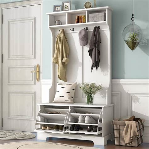Urtr White Hall Tree With 2 Flip Shoe Storage Drawers 4 Metal Hooks