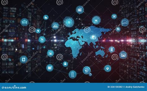 Global Digital Network With Technology Icons And World Map Overlay On