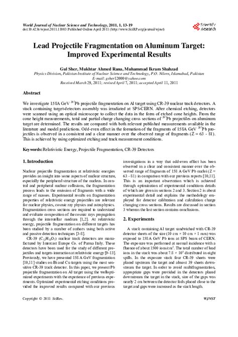 Pdf Lead Projectile Fragmentation On Aluminum Target Improved Experimental Results