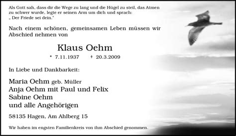 Traueranzeigen Von Klaus Oehm Trauer In Nrw De