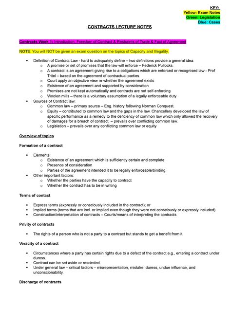 Contracts Lecture Summary Notes Lpab Yellow Exam Notes Green Legislation Blue Cases