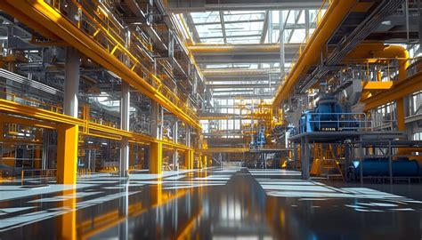 Industrial Factory Interior With Bright Yellow Pipelines And Blue Machinery Components Stock