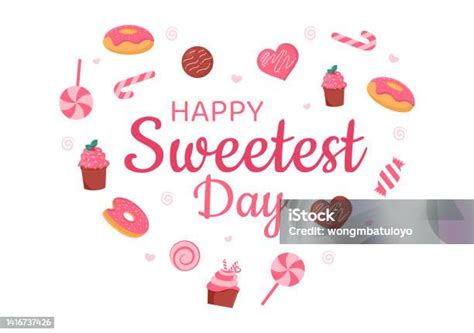 10 월 21 일 해피 스위트 홀리데이 이벤트 핸드 그린 만화 플랫 일러스트 레이 션 컵 케이크와 사탕을 핑크색 배경으로 10