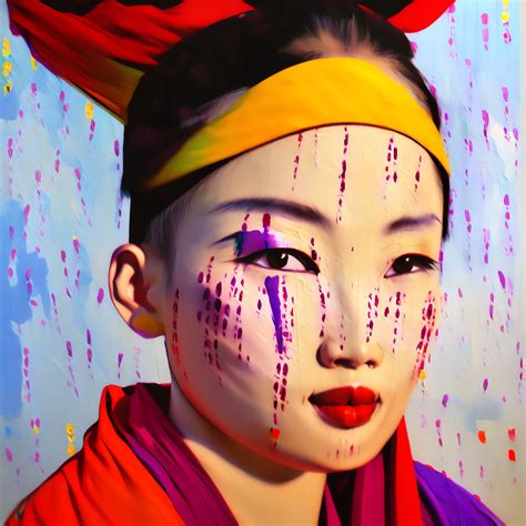 Korean Model With Purple Red Yellow Color Smeared Over The Face In