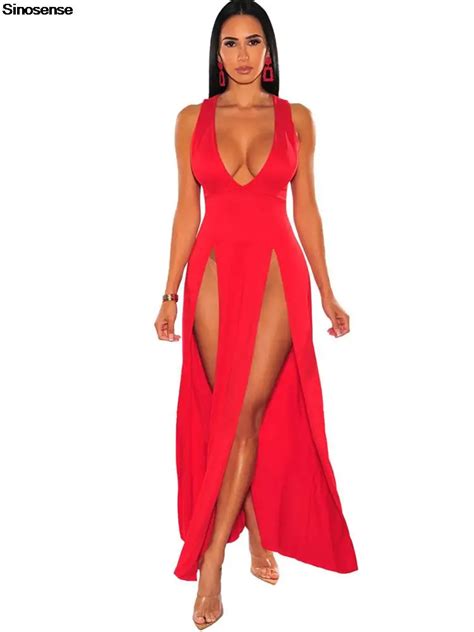Sexy Deep V Neck High Split Bodycon Cocktail Party Maxi Dress Women